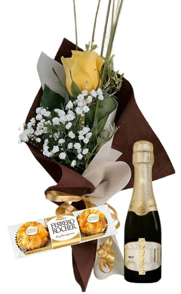 1 rosa amarilla con bombones Ferrero Rocher x 3 y champagne Chandon ...