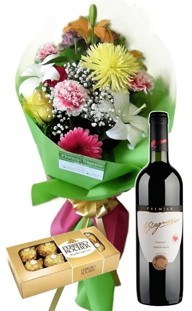 Ramo mixto mediano tela verde con bombones Ferrero Rocher x 8 y vino ...